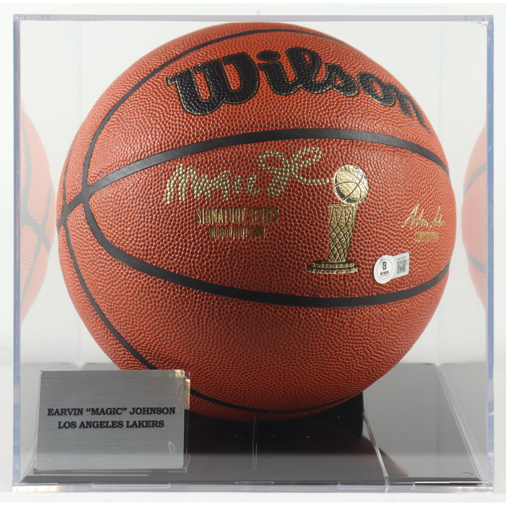 Magic Johnson Signed NBA. Finals Trophy Basketball With Acrylic Display ...