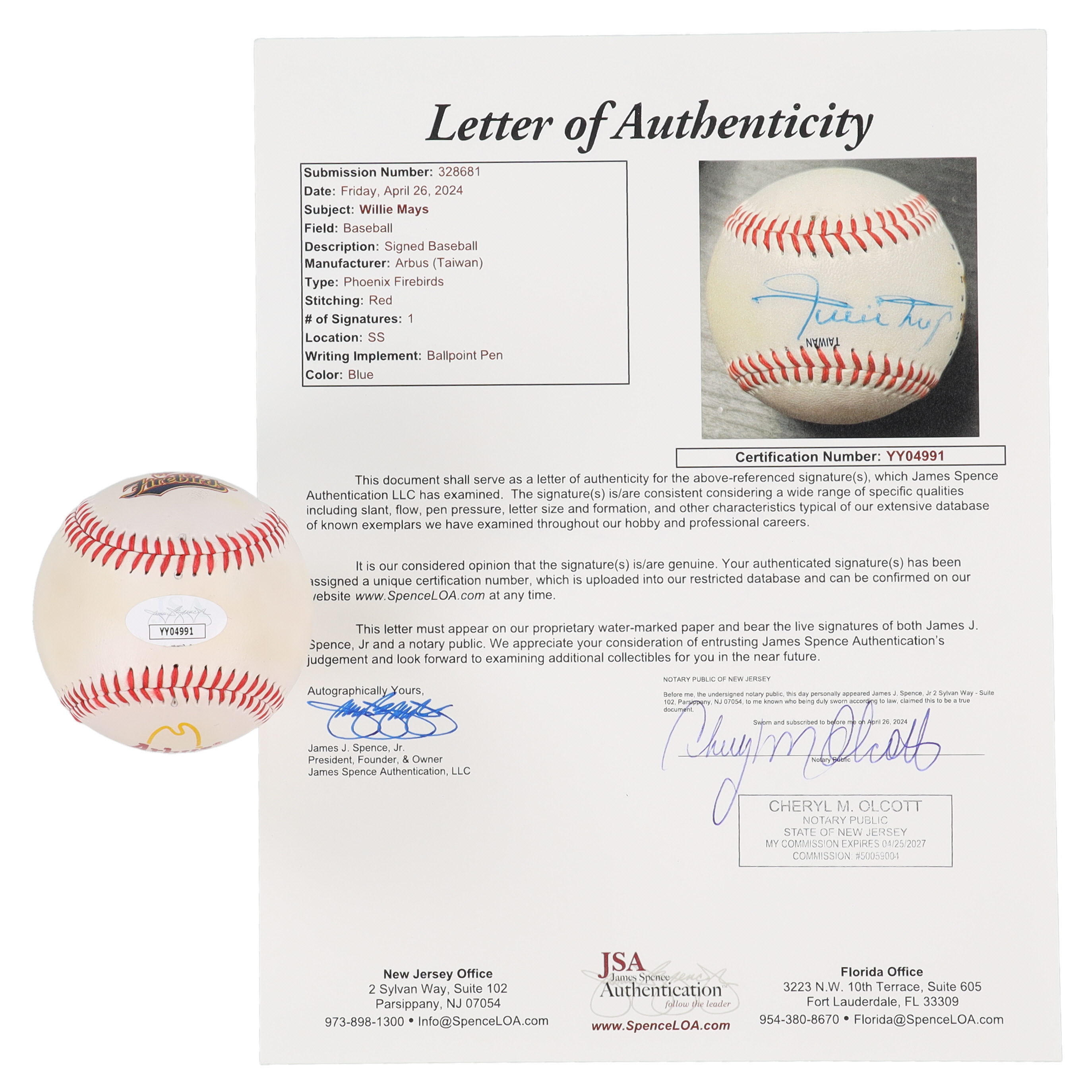 Willie Mays Signed Phoenix Firebirds Logo Baseball (JSA) | Pristine Auction