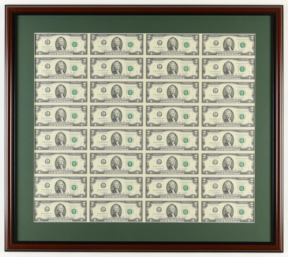 2013 U.S. $2 Dollar Bill Custom Framed Uncut Sheet Of (32) Bills ...
