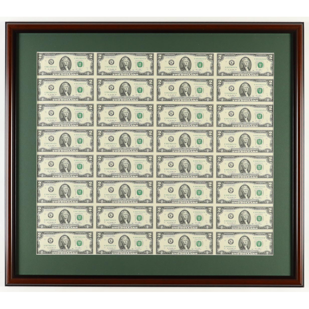 2013 U.S. $2 Dollar Bill Custom Framed Uncut Sheet Of (32) Bills ...