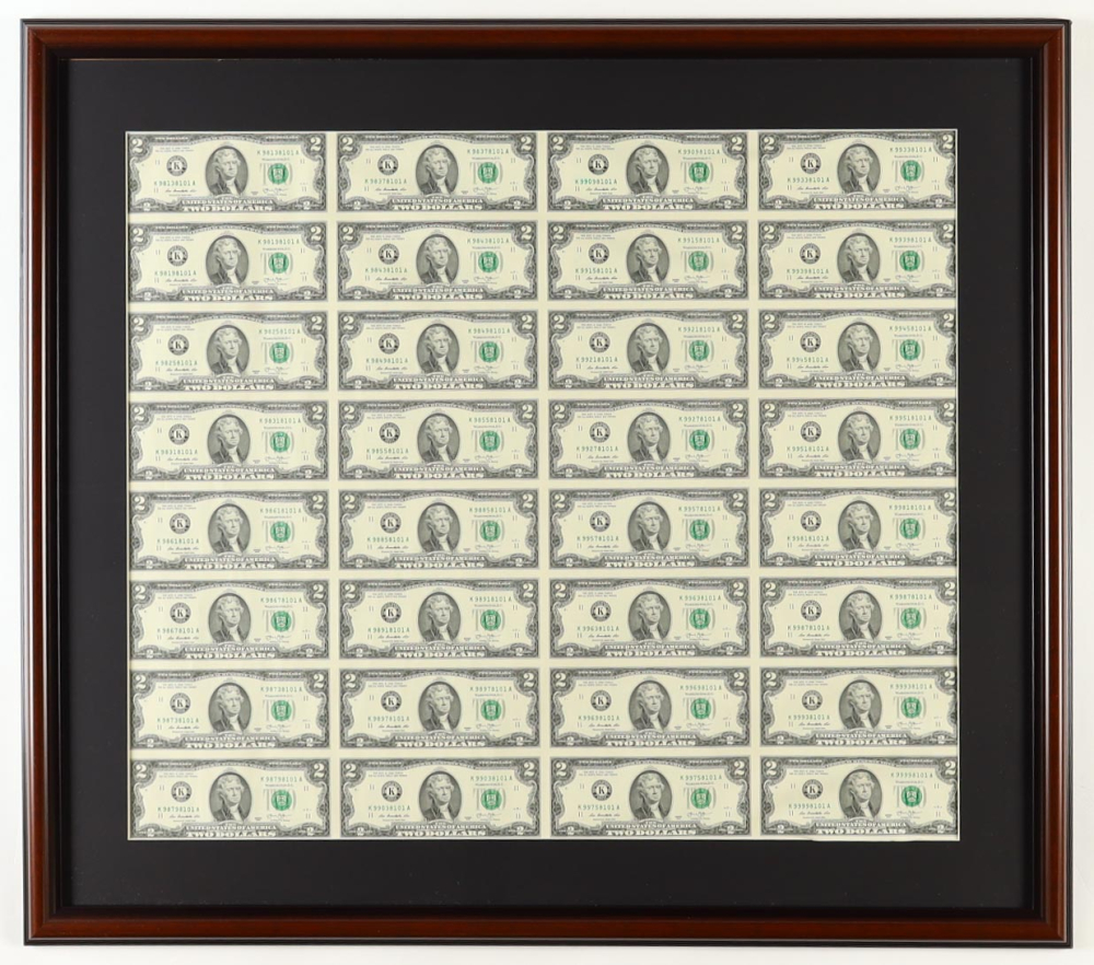 2013 U.S. $2 Dollar Bill Custom Framed Uncut Sheet Of (32) Bills ...