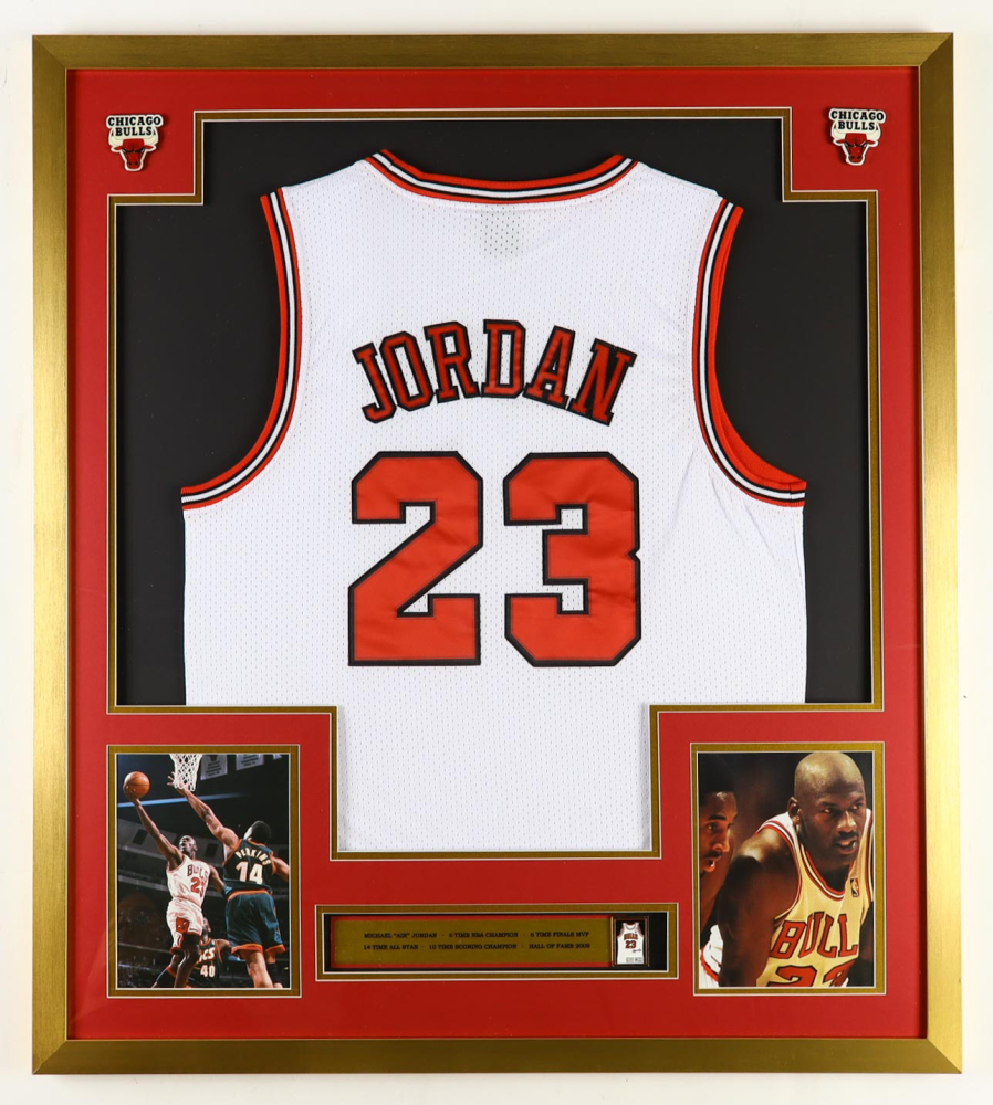 Michael Jordan Custom Framed Jersey Display With Jersey Retirement Pin & (2) Metal Team Logo ...