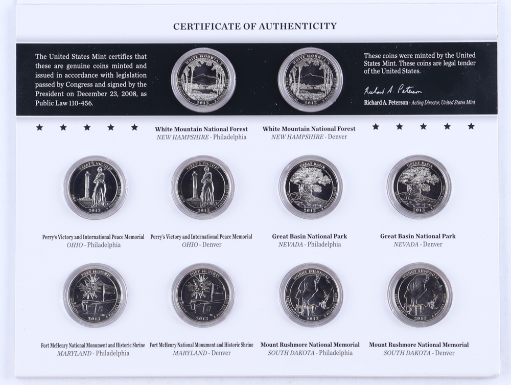 2013 America The Beautiful Uncirculated Quarters Coin Set with (10 ...