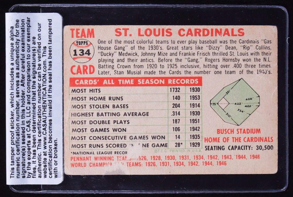 Stan Musial Signed St. Louis Cardinals 1956 Topps #134 TC (CAS ...