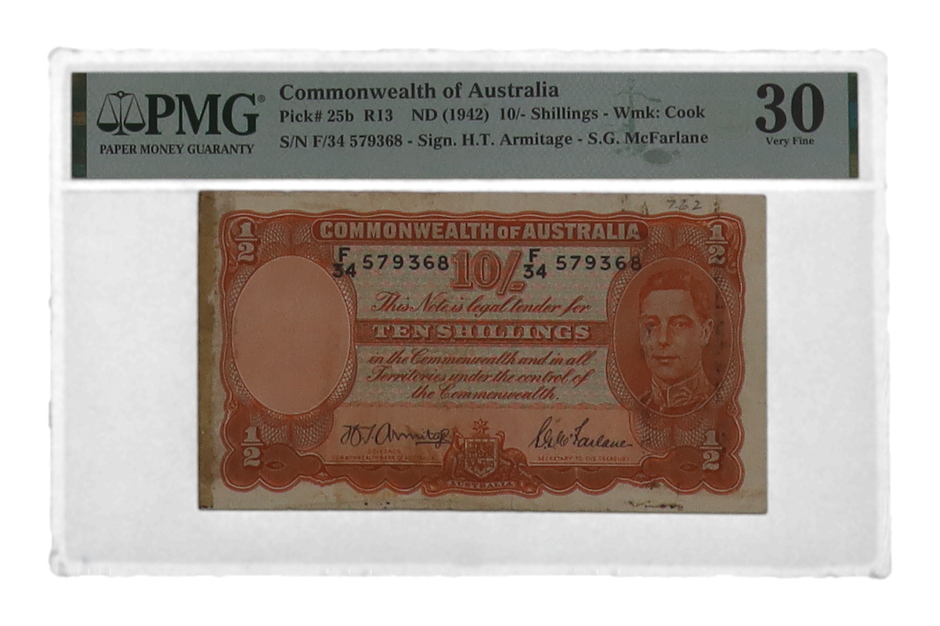 1942 Commonwealth of Australia - 10 Shillings Currency Note - Wmk: Cook ...
