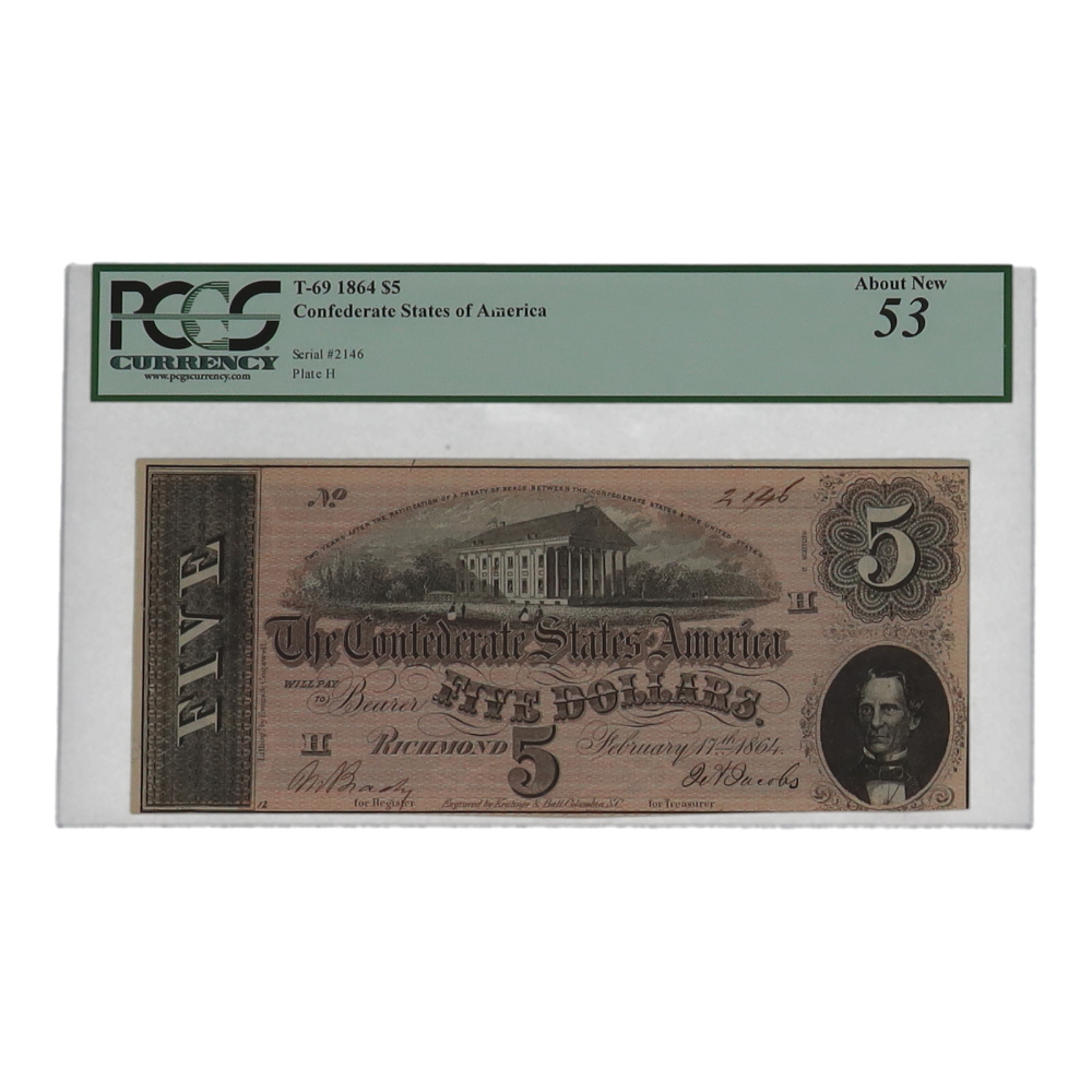 1864 Confederate States of America T-69 $5 Currency Note (PCGS About ...