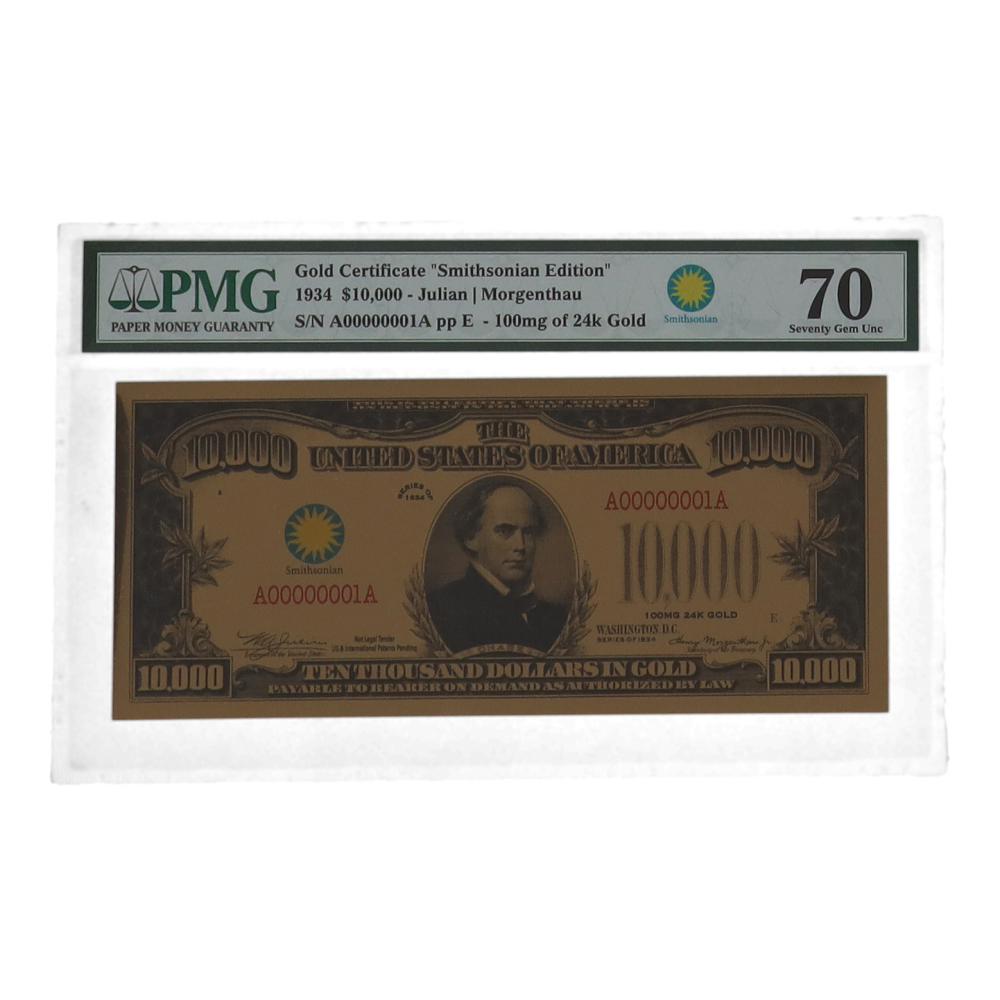 1934 $10,000 Gold Certificate "Smithsonian Edition'' - 100mg of 24kt ...