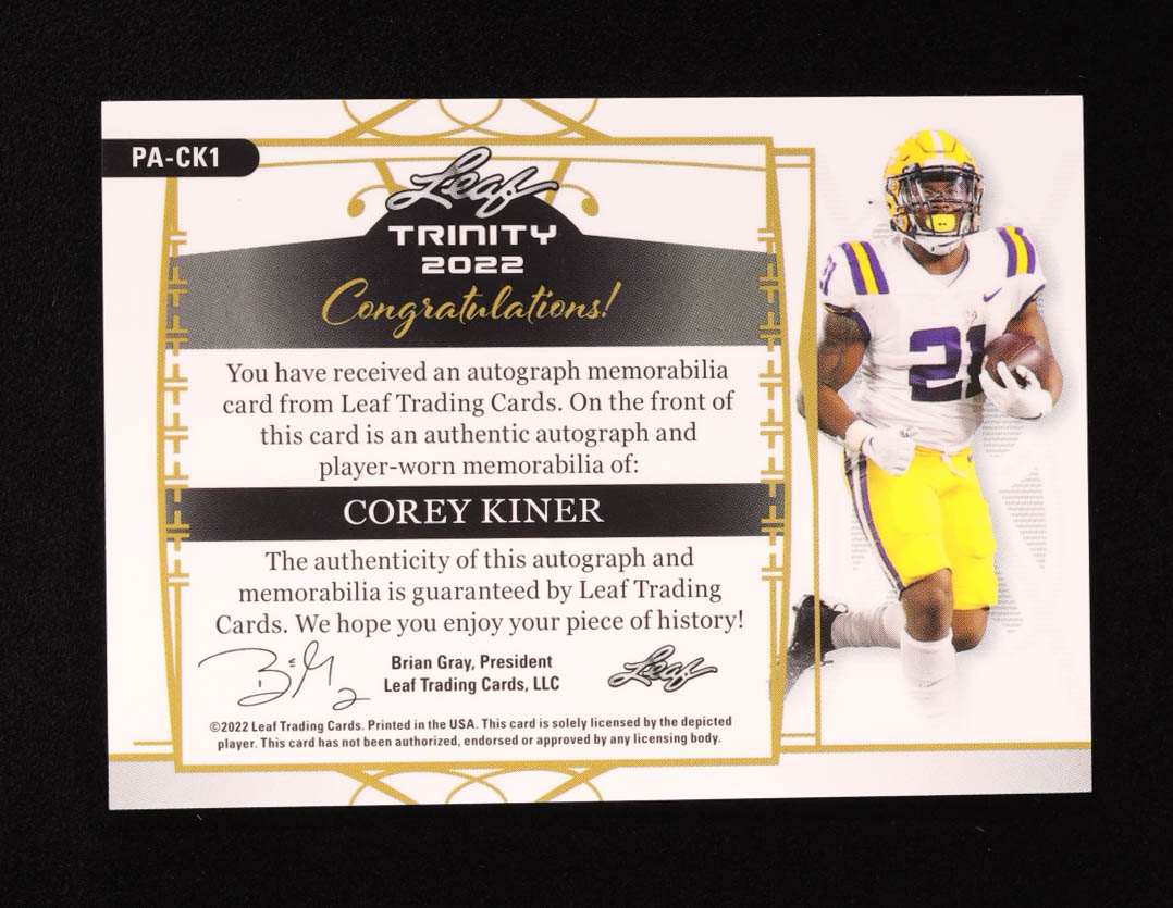 Corey Kiner 2022 Leaf Trinity Patch Autographs Platinum #PACK1 RC #23/ ...