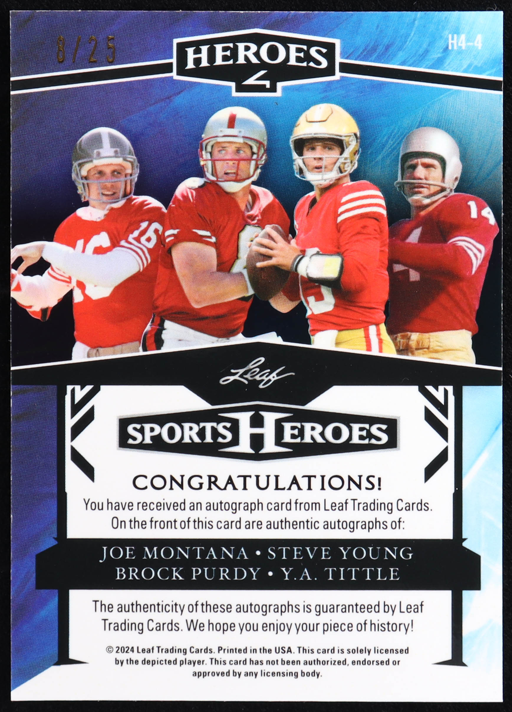 Joe Montana / Steve Young / Brock Purdy / Y.A. Tittle 2024 Leaf Sports ...