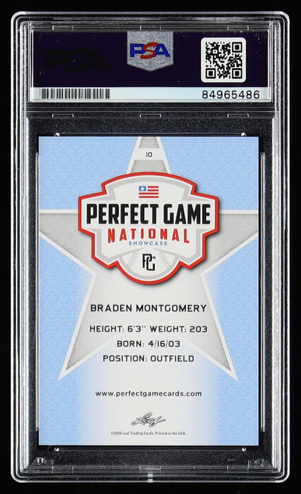 Braden Montgomery Signed 2020 Leaf Perfect Game National Showcase #10 ...
