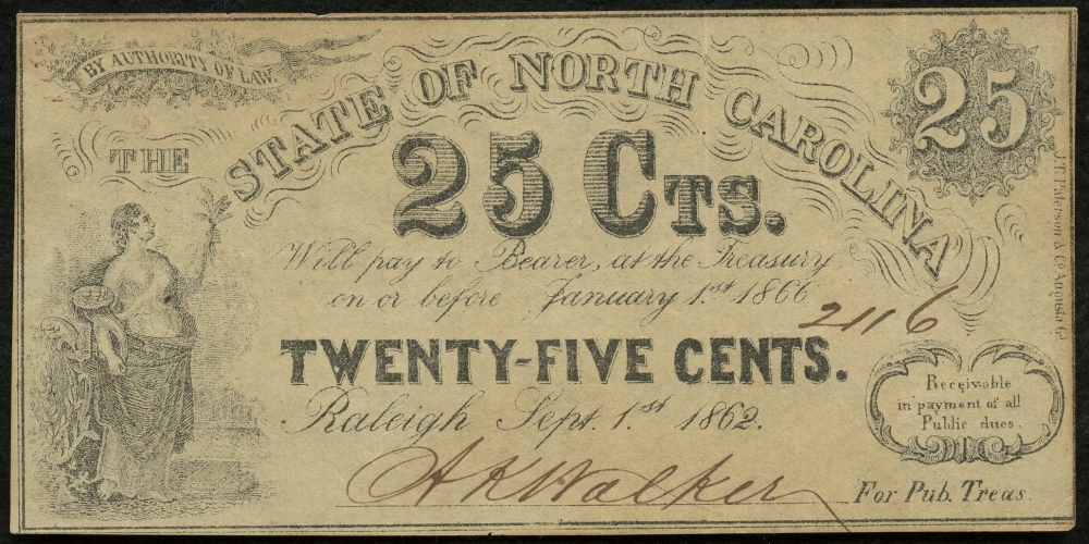1862 State of North Carolina 25 Cent Confederate Currency Note ...