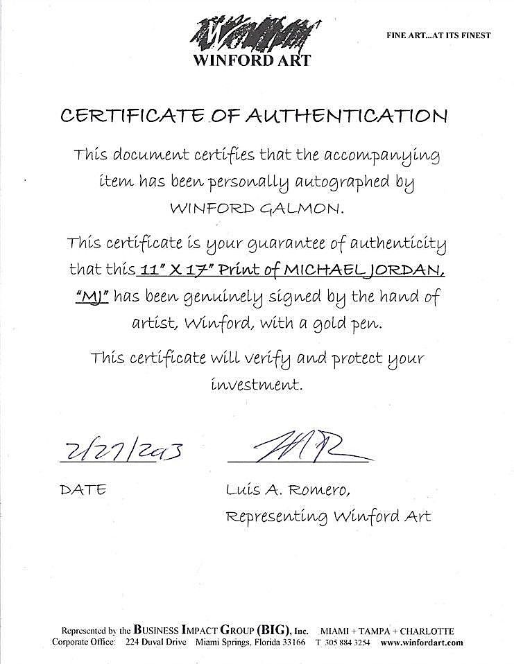 Michael Jordan Bulls 11x17 "MJ" Signed Winford Lithograph (Winford COA ...