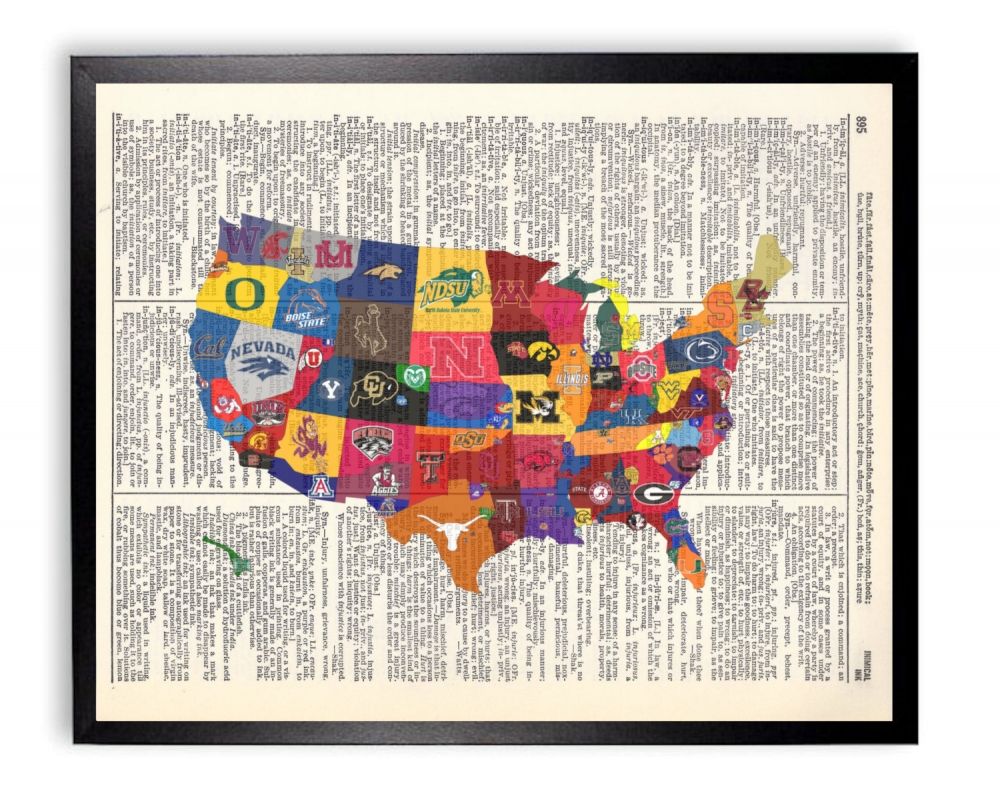 College Football Nation US Map Unique Original Antique Dictionary Page ...