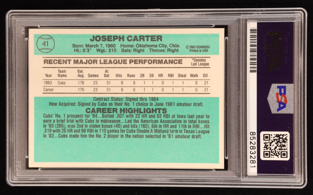 Joe Carter Signed 1984 Donruss #41 RR RC (PSA | Auto Grade 8 ...