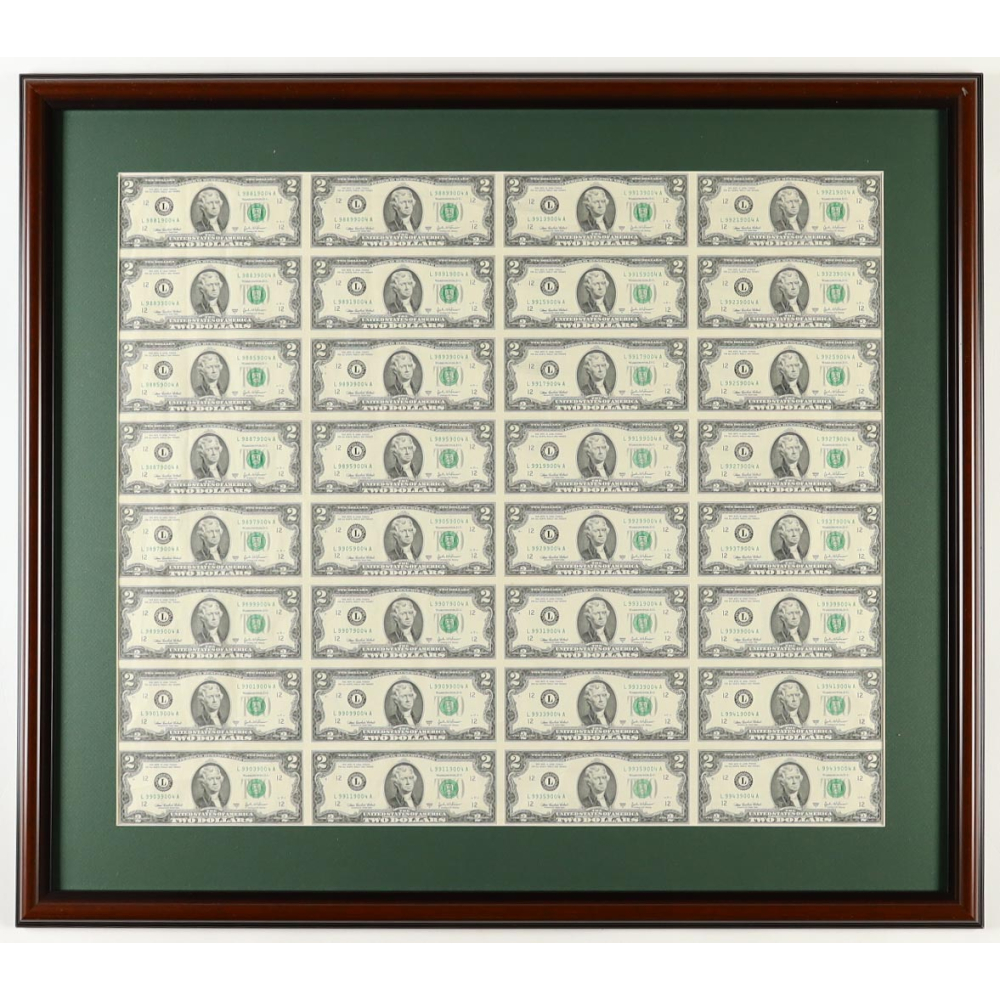 2003 $2 Two-Dollar U.S. Federal Reserve Notes Custom Framed Uncut Sheet ...