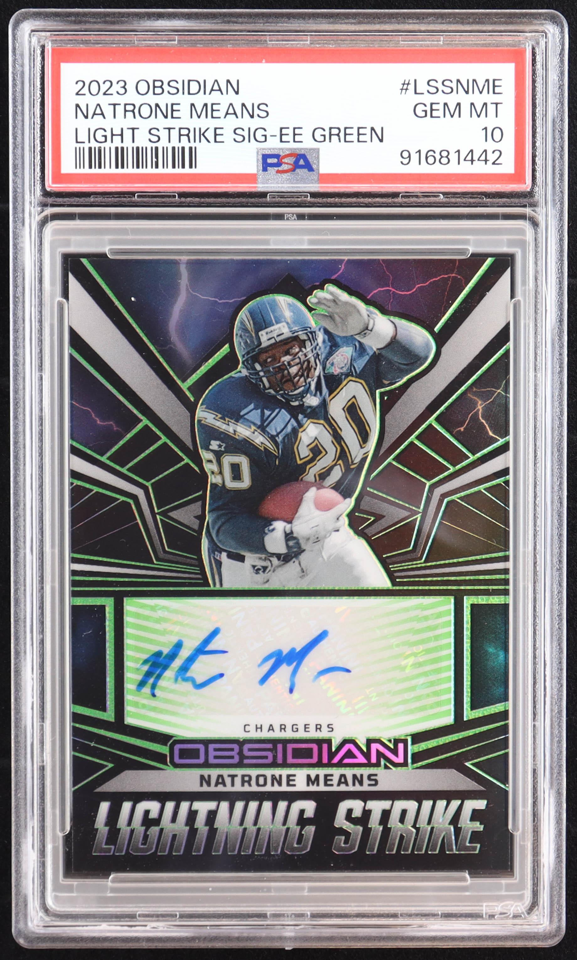 Natrone Means 2023 Panini Obsidian Lightning Strike Signatures Electric Etch Green #19 #08/25 ...