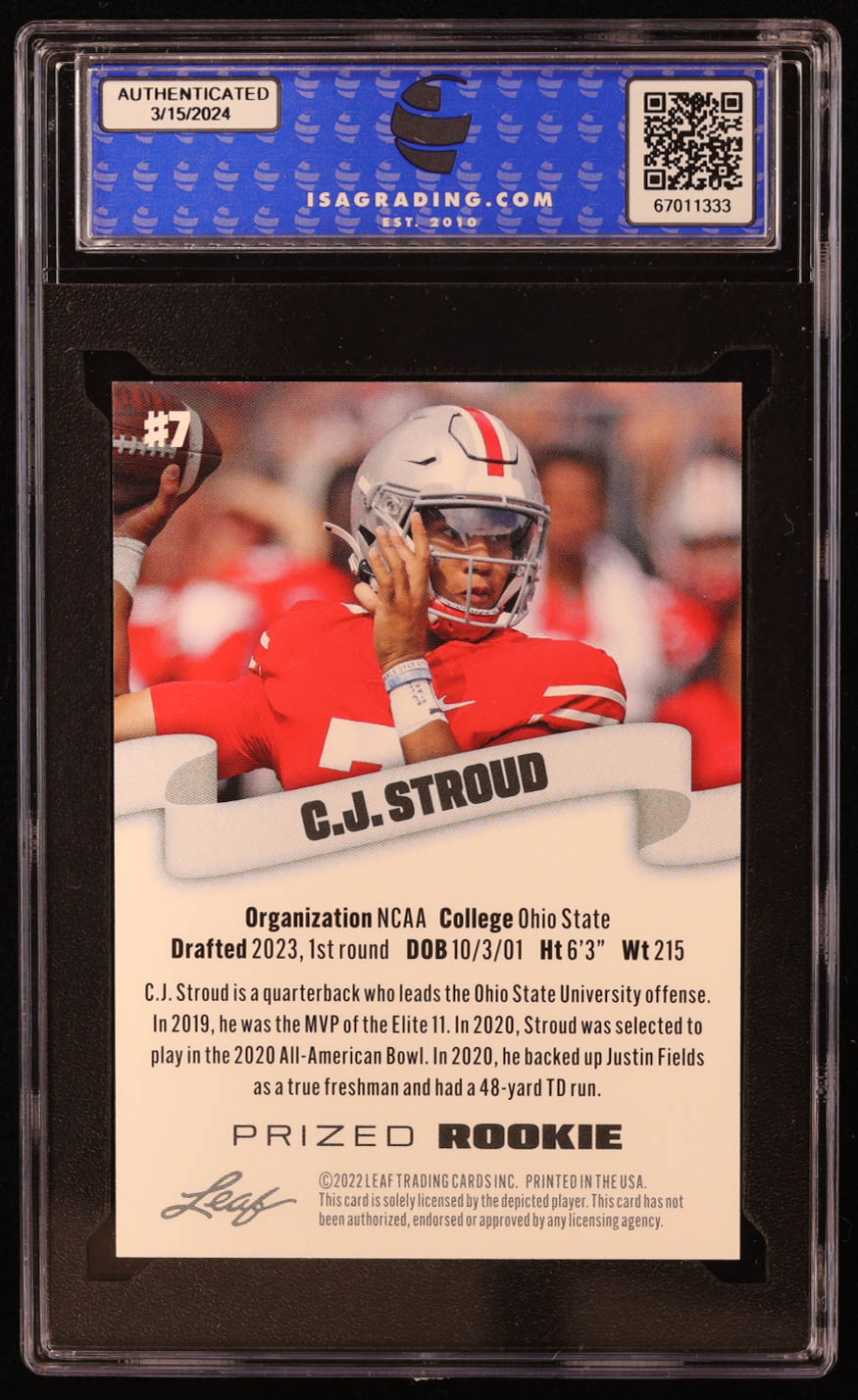 CJ Stroud 2022 Leaf Special Release Prized Rookie #7 RC (ISA 10 ...