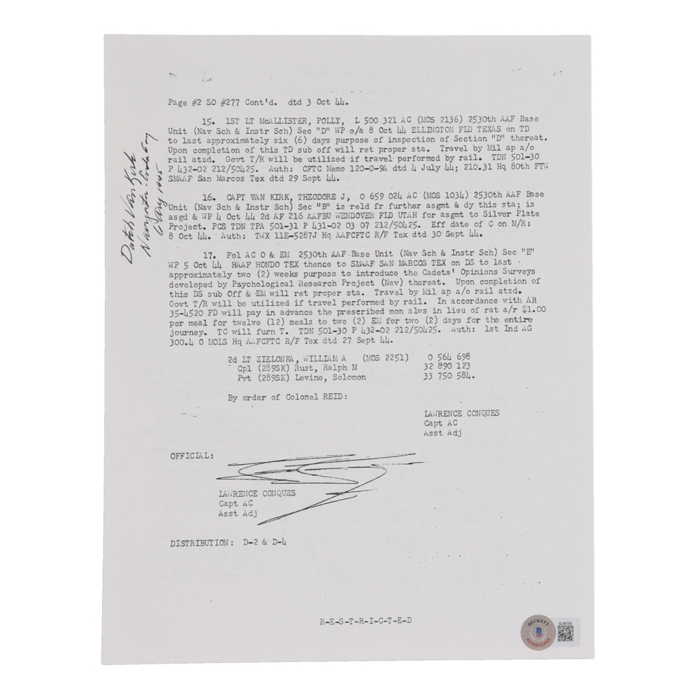 Dutch Van Kirk Signed Manhattan Project Orders Document Inscribed ...