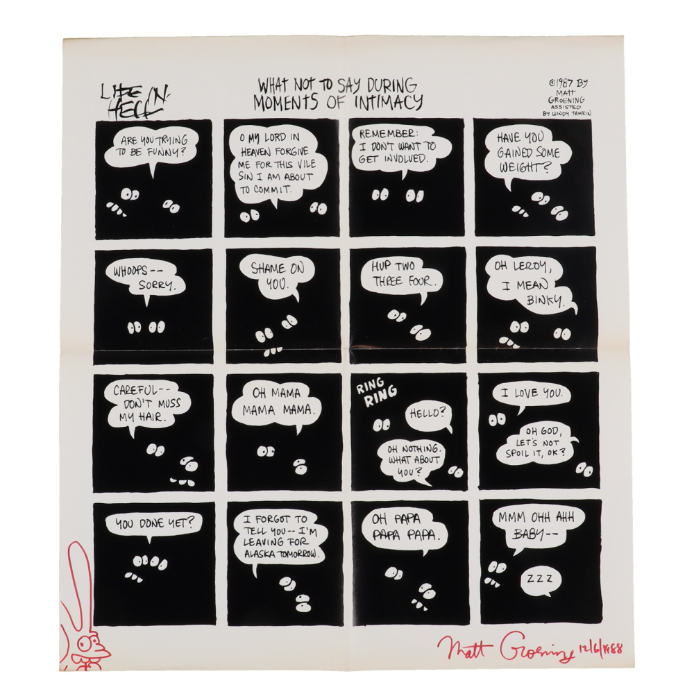 Matt Groening Signed "Life in Hell" 17x19 Poster Inscribed "12/6/88 ...