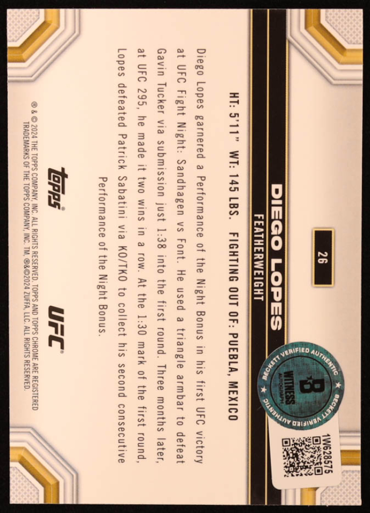 Diego Lopes Signed 2024 Topps Chrome UFC #26 RC (Beckett) | Pristine ...