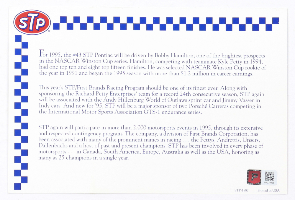 Bobby Hamilton Signed Original 1995 Hero Card Owned by Richard Petty ...