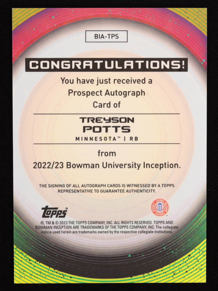 Treyson Potts 2022-23 Bowman Inception University Autographs #BIATPS RC ...