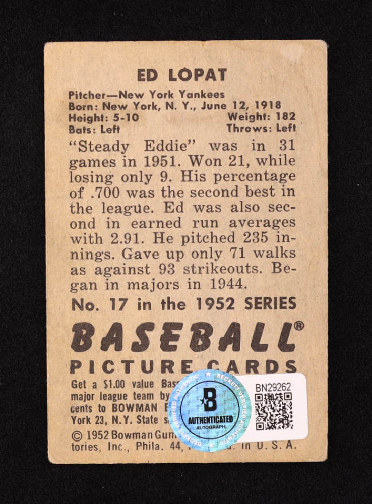 Ed Lopat Signed 1952 Bowman #17 (Beckett) | Pristine Auction