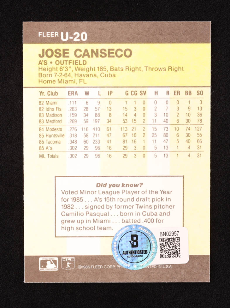 Jose Canseco Signed 1986 Fleer Update #U20 (Beckett) | Pristine Auction Jose Canseco Signed 1986 Fleer Update #U20 (Beckett) | Pristine Auction