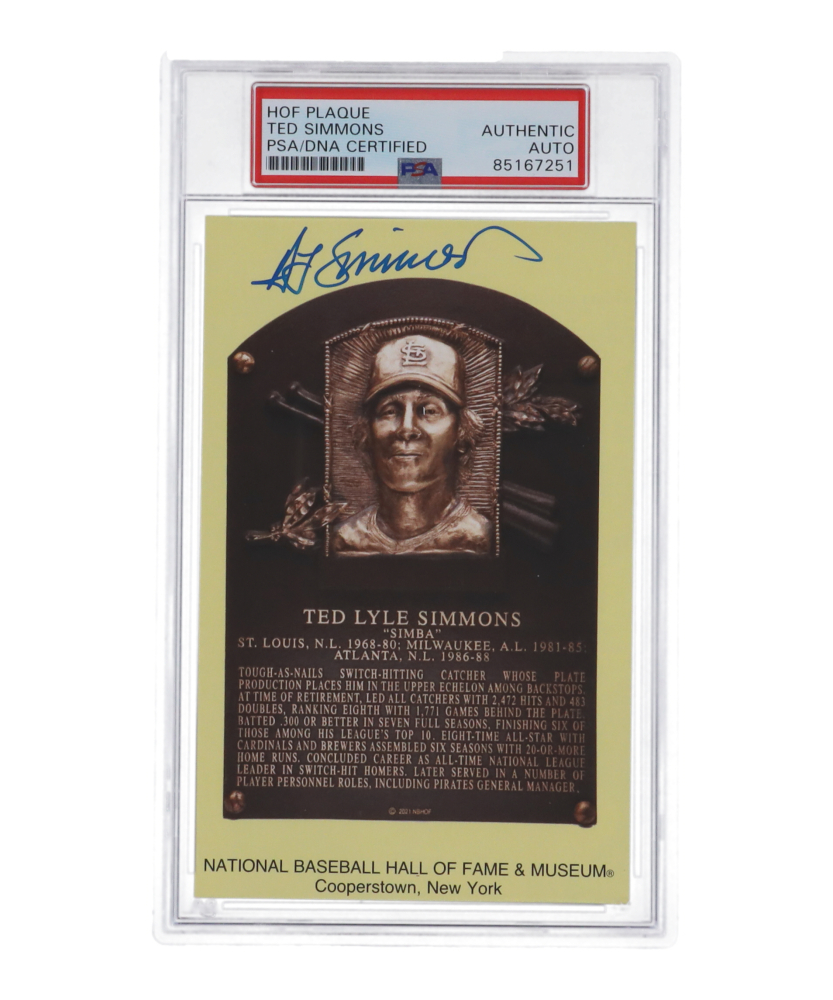 Ted Simmons Signed Hall of Fame Plaque Postcard (PSA) | Pristine Auction