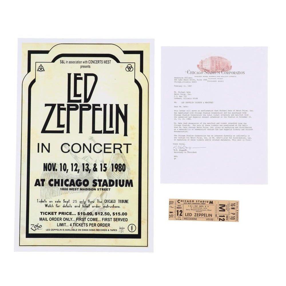 Led Zeppelin Set of (3) Items with 1980 Ticket, 12x18 Concert Poster ...