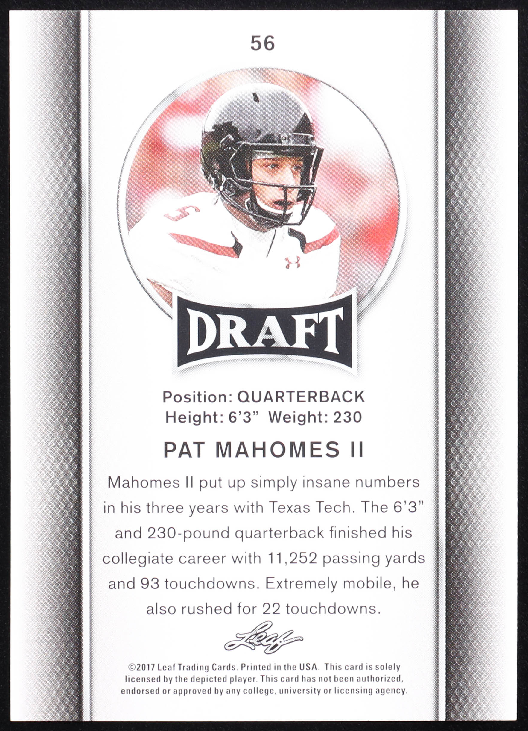 Pat Mahomes II 2017 Leaf Draft #56 RC | Pristine Auction