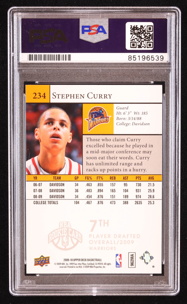 Stephen Curry Signed 2009-10 Upper Deck #234 SP RC (PSA | Auto 10 ...