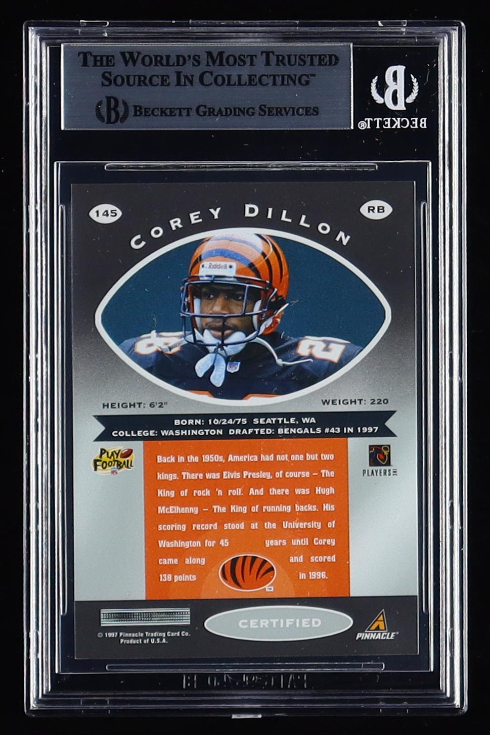 Corey Dillon Signed 1997 Pinnacle Certified #145 RC (Beckett ...