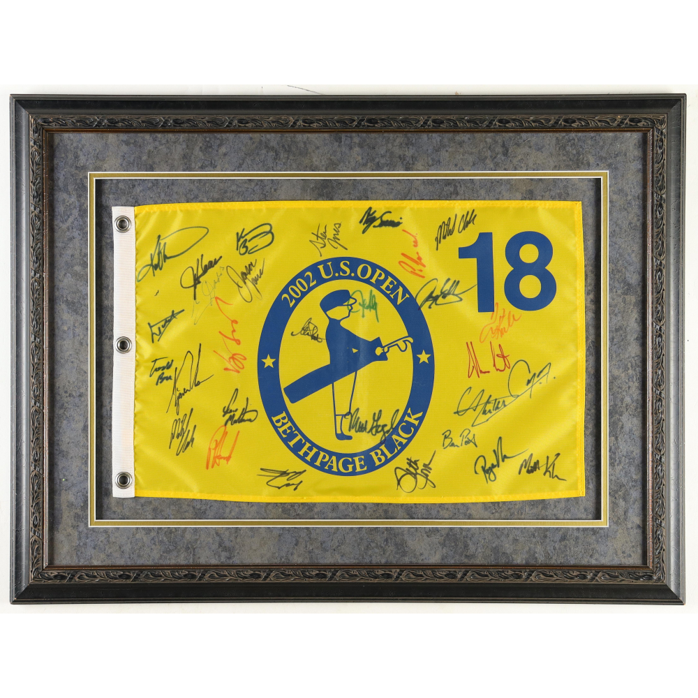 2002 US Open Custom Framed Flag Display Signed By (29) with Tiger Woods ...