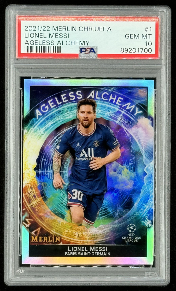 Lionel Messi 2021-22 Merlin Chrome UEFA Ageless Alchemy #1 (PSA 10 ...