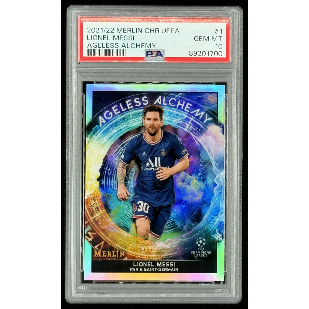 Lionel Messi 2021-22 Merlin Chrome UEFA Ageless Alchemy #1 (PSA 10 ...