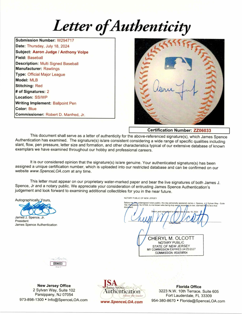 Aaron Judge & Anthony Volpe Signed OML Baseball (JSA, MLB & Fanatics) | Pristine Auction