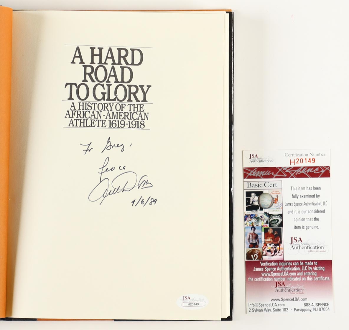 Arthur Ashe Signed "A Hard Road To Glory" Hardcover Book Inscribed "4/6 ...