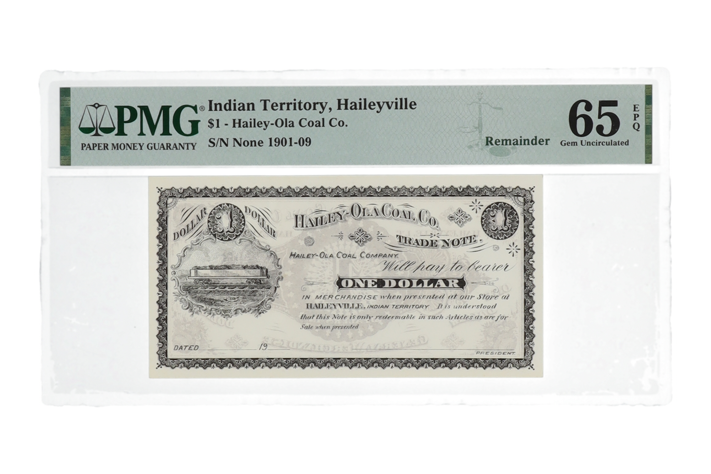 1901-09 Indian Territory, Haileyville - $1 Scrip Note - Hailey Coal ...