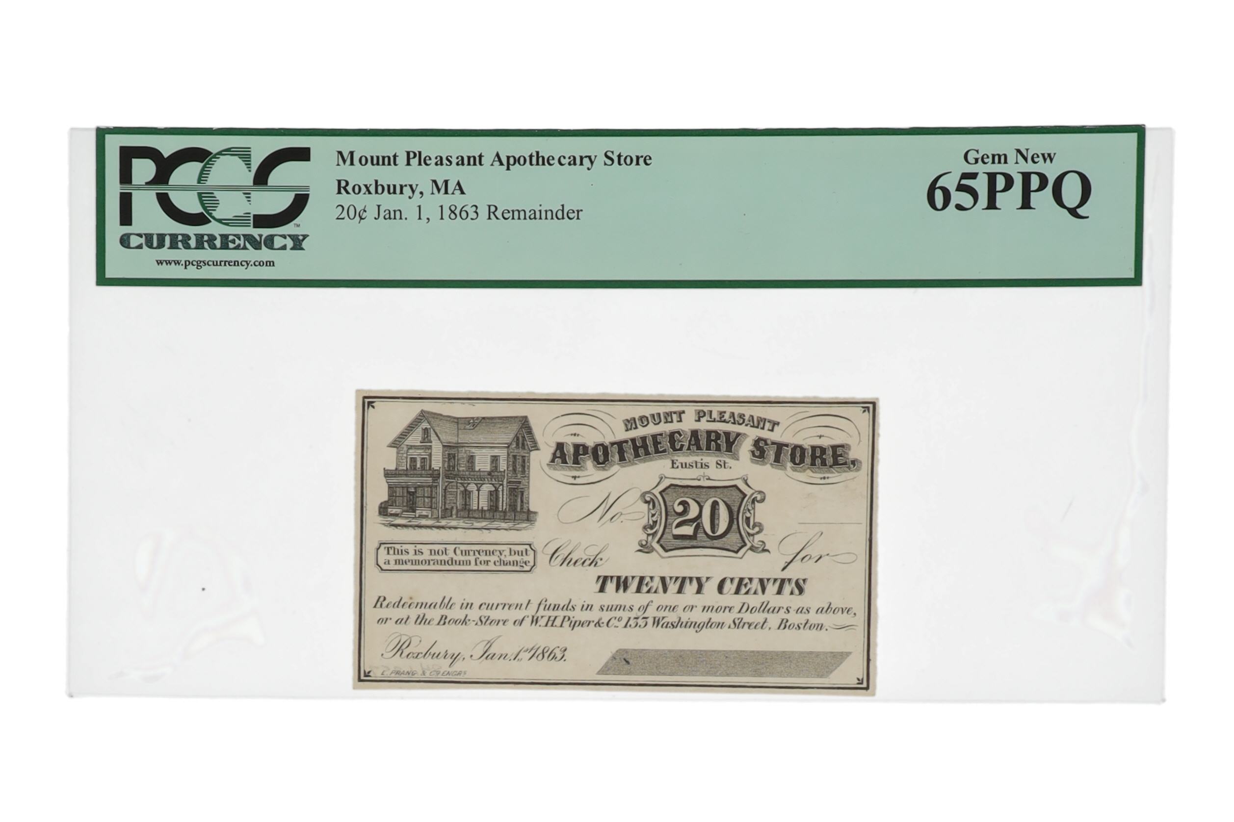 1863 .20¢ Scrip Note - Mount Pleasant Apothecary Store, Roxbury, MA ...