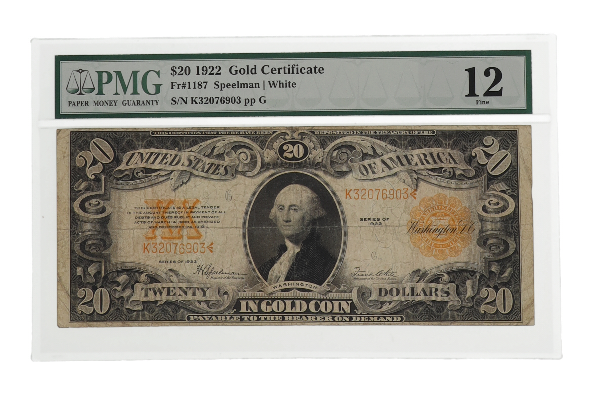 1922 U.S. $20 Gold Certificate - Fr. 1187 Signed: Speelman / White (PMG ...