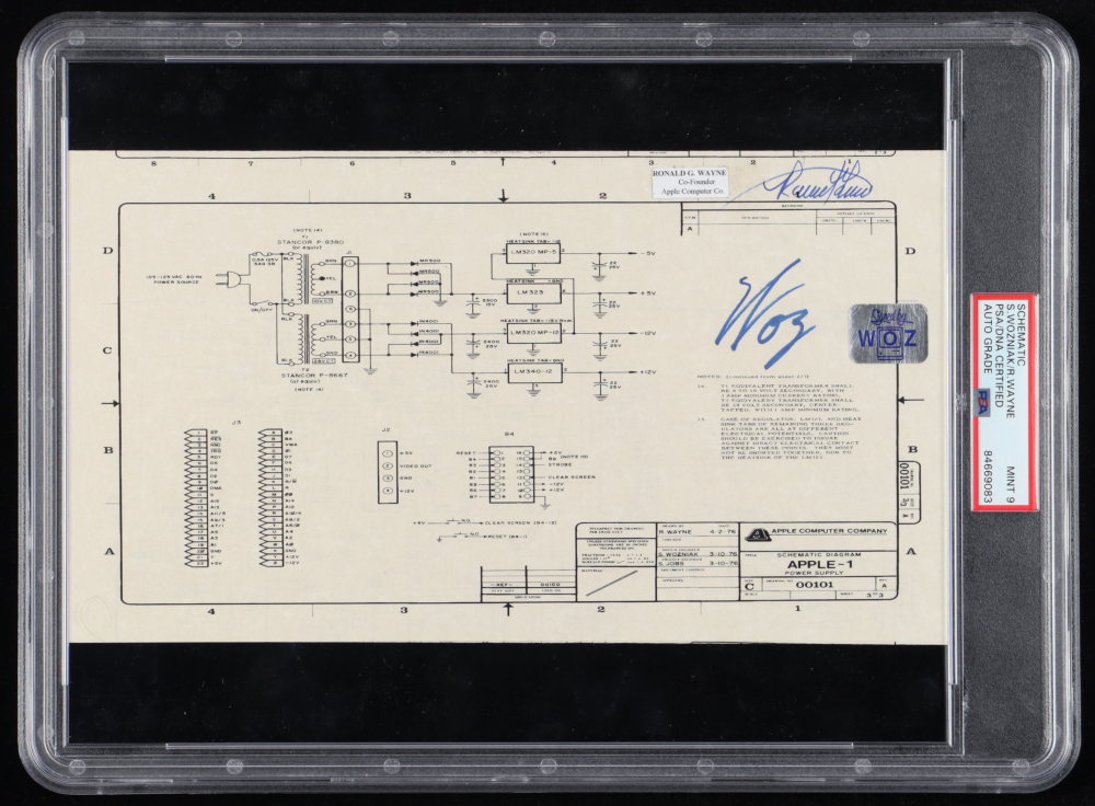 Steve Wozniak & Ronald Wayne Signed Original Apple-1 Schematic Sheet ...