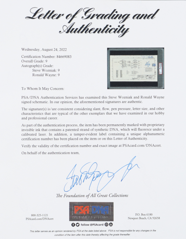 Steve Wozniak & Ronald Wayne Signed Original Apple-1 Schematic Sheet ...