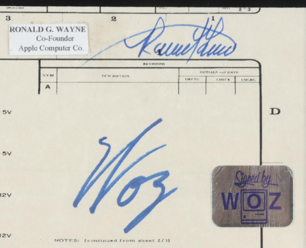 Steve Wozniak & Ronald Wayne Signed Original Apple-1 Schematic Sheet ...