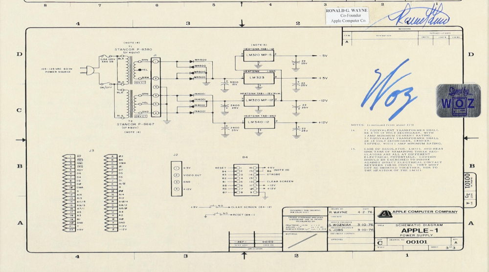 Steve Wozniak & Ronald Wayne Signed Original Apple-1 Schematic Sheet ...
