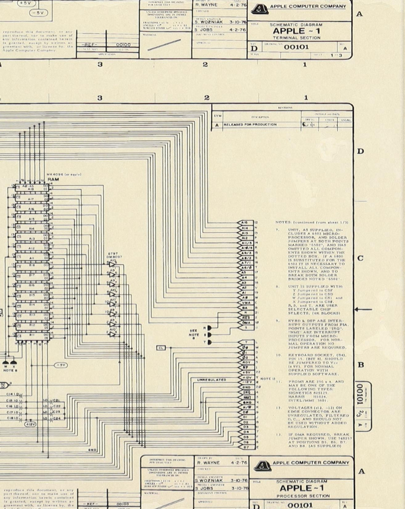 Steve Wozniak & Ronald Wayne Signed Original Apple-1 Schematic Sheet ...