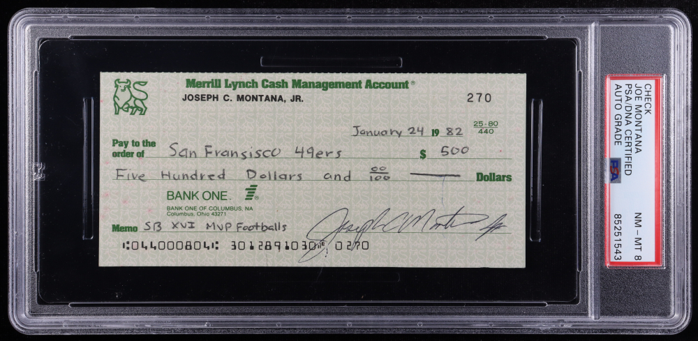 Joe Montana Signed 1982 Personal Bank Check for "SB XVI MVP Footballs ...