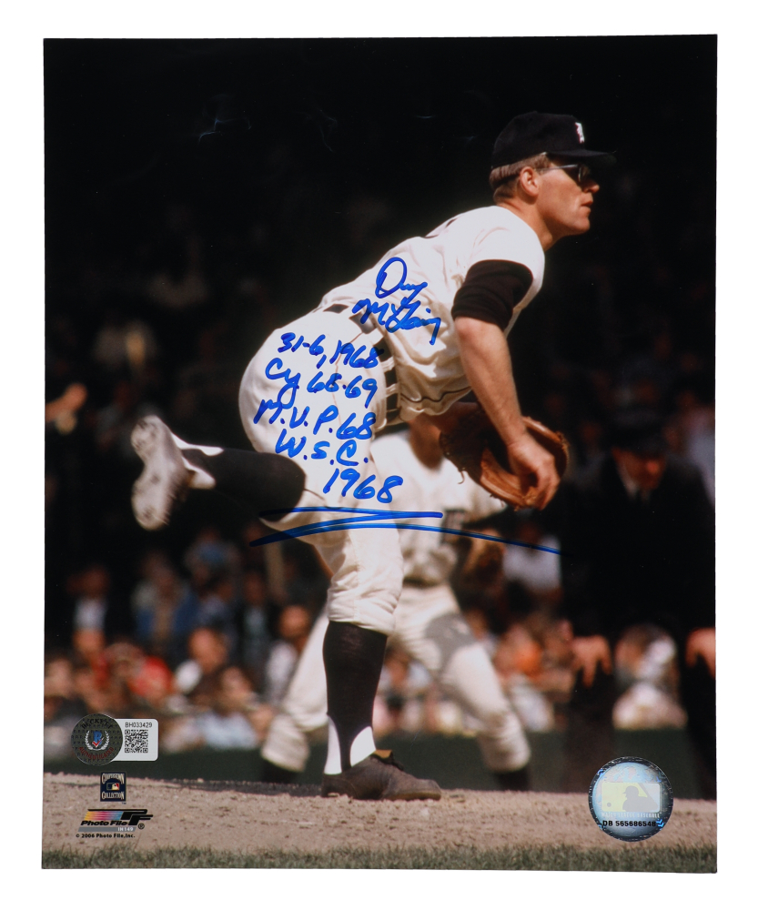 Denny McLain Signed Tigers 8x10 Photo Inscribed "31-6 1968, CY 68-69, MVP 68, WSC 1968" (Beckett ...