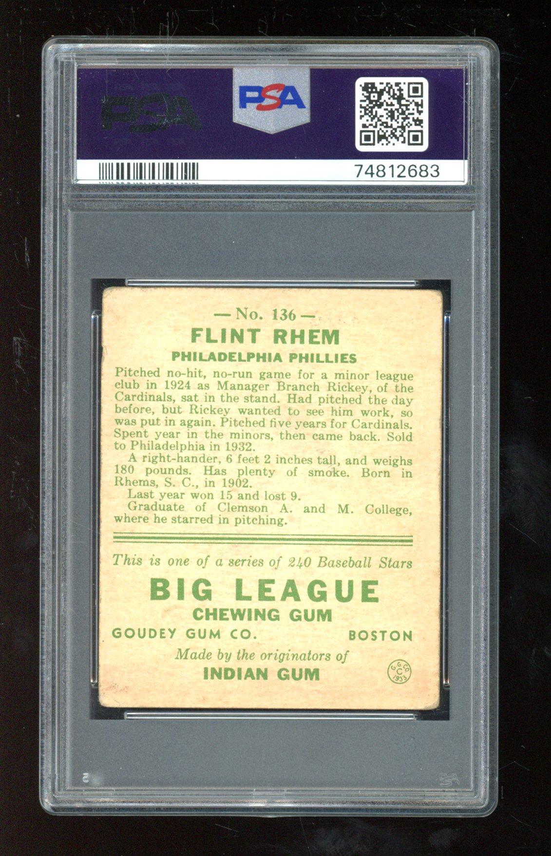 Flint Rhem 1933 Goudey #136 (PSA 2.5) | Pristine Auction