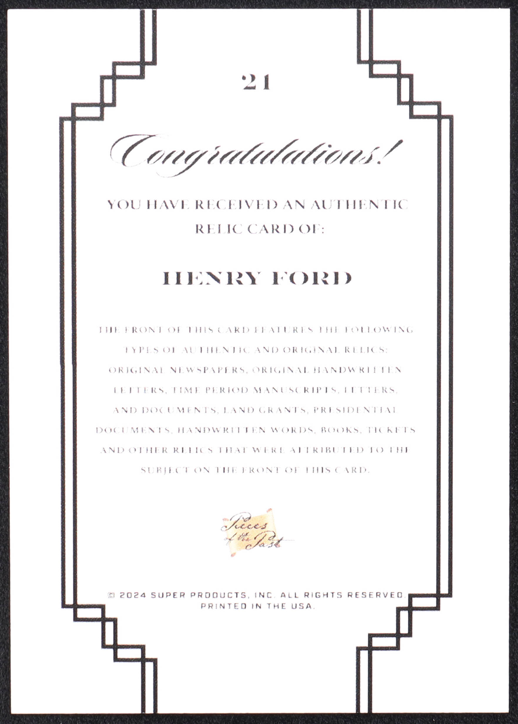 Henry Ford 2024 Pieces of the Past Authentic Relic #21 | Pristine Auction